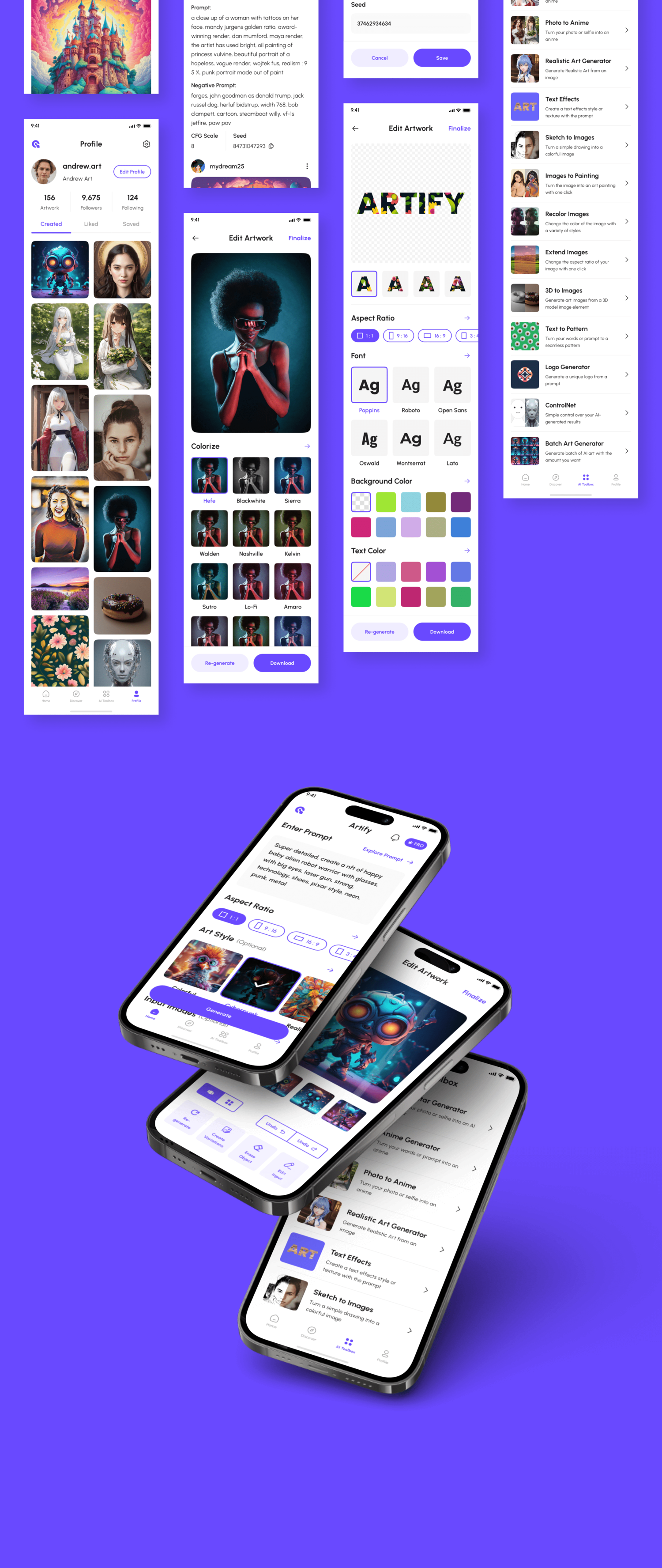 AI05 AI人工智能艺术绘画图像编辑生成器App应用界面ui设计套件模板 Artify – AI Art Generator App UI Kit _ 果觅网（gooodme）
